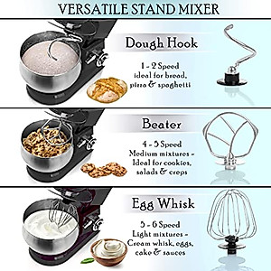 Moss & Stone Stand Mixer, 6 Speed Electric Mixer With 5.5 Quart Stainless Steel Mixing Bowl, Black Body Kitchen Mixer With Dough Hook, Egg Whisk, Beater & Baking Spatula, Classic Food Mixer