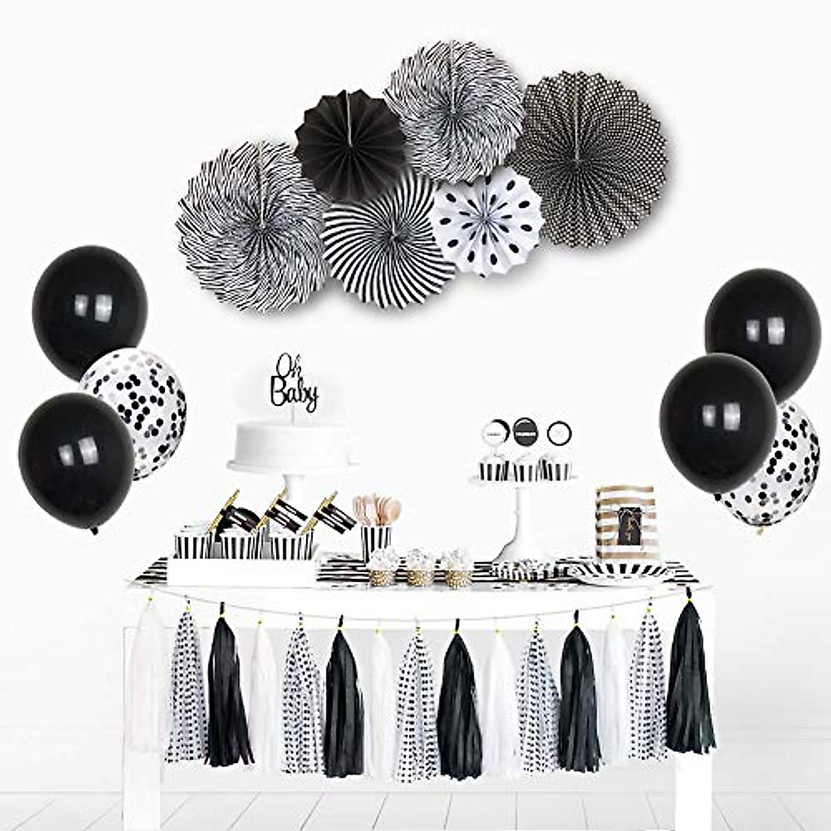 ANSOMO Black and White Party Decorations and Supplies, for Baby Shower and Birthday Graduation Bachelorette with Paper Fan and Tassel Garland