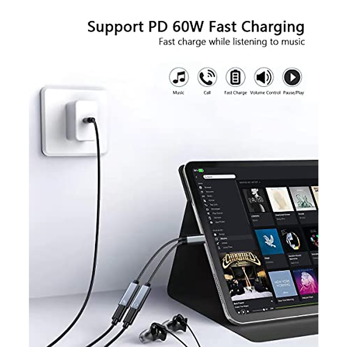 LecLooc USB C Splitter, Dual USB C Headphone and Charger Adapter with 60W Fast Charge Fit with Pixel 7 6 Pro 5 4XL 3 2XL,Galaxy S23 S22 Ultra S21 S20 Ultra/S21,Note 20/10 Ultra,iPad/MacBook Pro