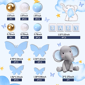 Elephant Cake Decoration Mini Elephant Cake Topper Blue BABY Letter Cake Toppers Gold Blue White Pearl Ball for Baby Shower Boy Elephant Theme Birthday Party Supplies (BLUE)
