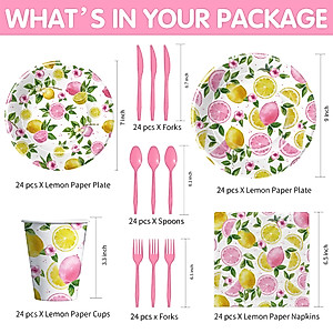 Suhelkit Lemon Party Decorations Tableware For Girls - Lemon Birthday Party Supplies, Plate, Napkin, Cup, Cutlery, Summer Pink Lemon Baby Shower Bridal Shower Table Decorations Dinnerware | 24 Guests