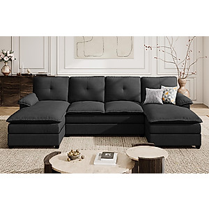 Shintenchi 110" Modular Sectional Couches for Living Room, U-Shaped Sofa Couch with Double Chaise, 4 Seat Sofa Sets with Thick Cushion & Soft Backrest, Black