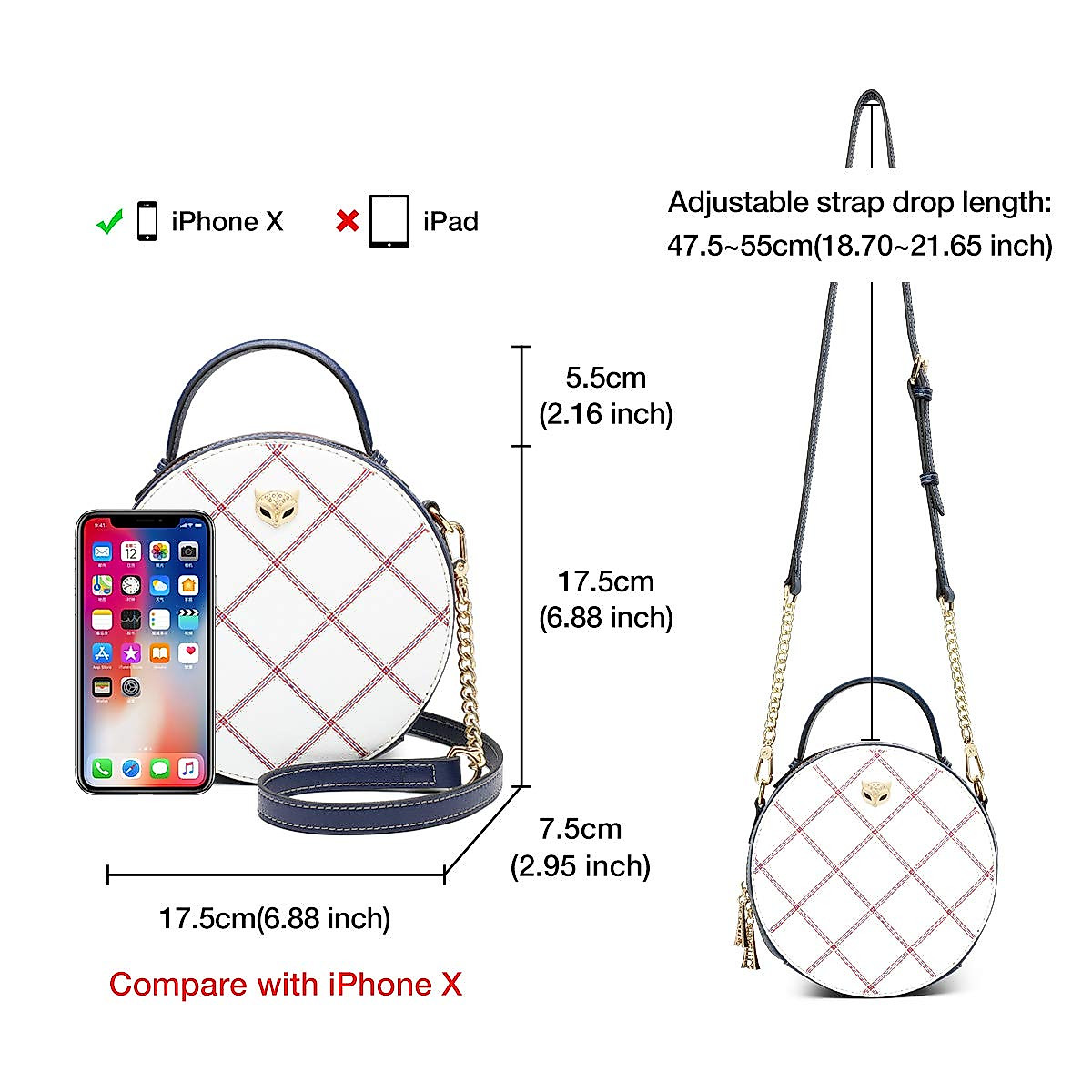 Leather Circular Handbags for Women, Genuine Leather Ladies Round Crossbody Bags with Adjustable Chain Strap Small Women's Fashion Shoulder Bags Mini Girls Leather Messenger Bags Satchel Purses(White)