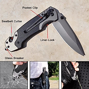 IOCBYHZ Pocket Knife, Stainless Steel Tactical Folding Knife, Outdoor Survival Folding Pocket Knife/Rescue Knife 4'' Blade with Liner Lock Pocketclip, Ideal for Hiking Camping Hunting Fishing EDC