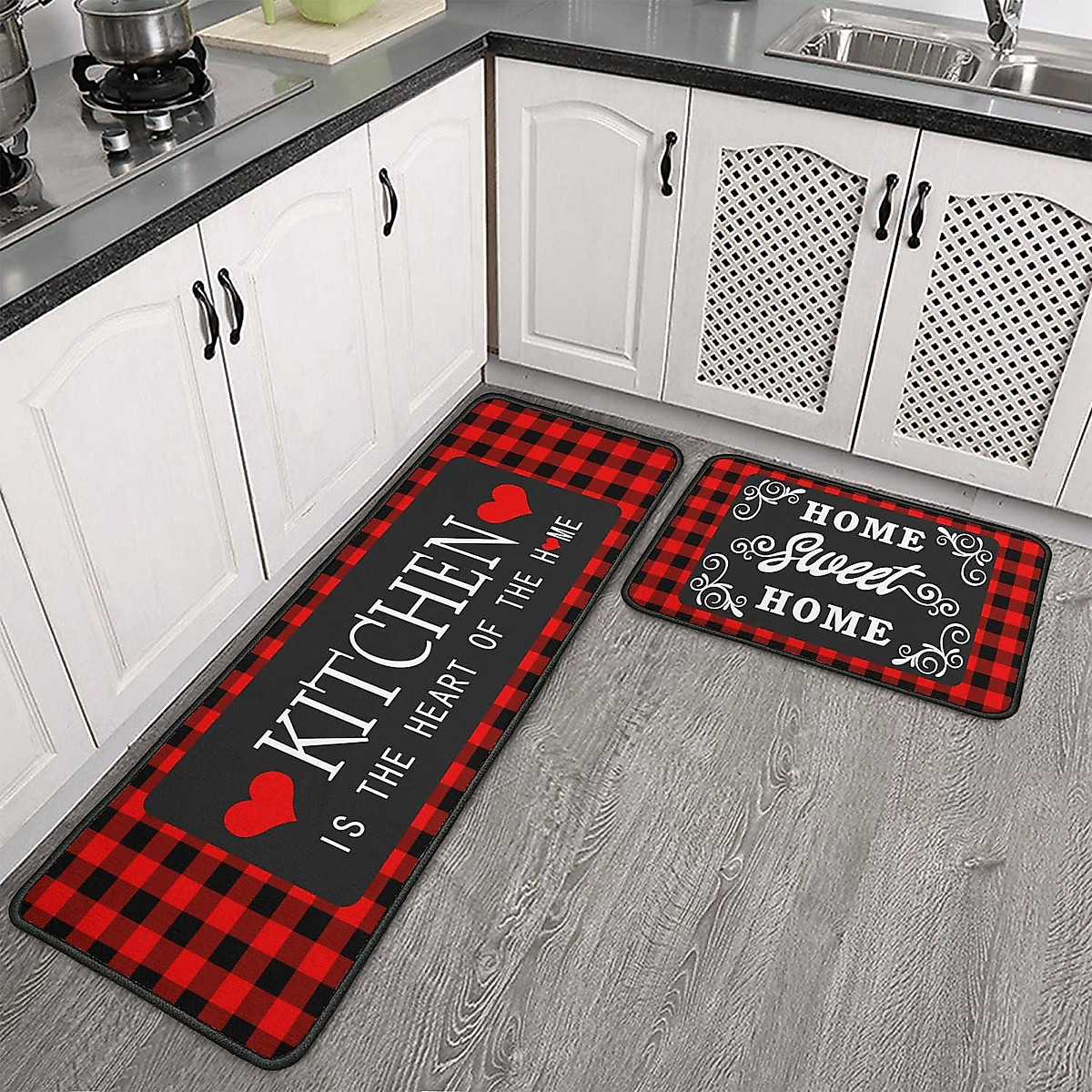 Sianseir Red and Black Buffalo Plaid Kitchen Mat Set of 2, Non Slip Washable Home Decor Kitchen Rugs and Mats for Floor Comfort Standing Mats for Kitchen, Sink, Office, Laundry 17"x47"+17"x30"