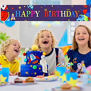 Space Happy Birthday Banner,happy birthday outdoor banner,Space Theme Banner,Outer Space Birthday Party Supplies Happy Birthday Yard Sign Backdrop Background for Indoor Outdoor Decorations 9.8x1.6ft