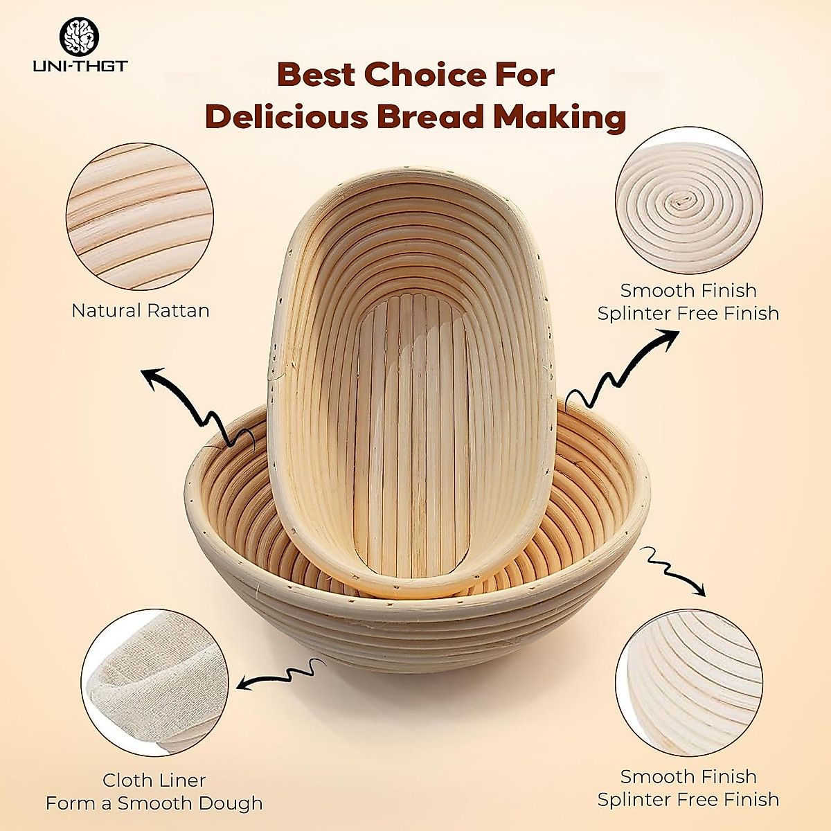 UNI-THGT Banneton Bread Proofing Basket Set - 9 & 10 Inch Sourdough Proofing Basket - Round And Oval Bread Bowls For Rising And Baking - Rattan Bread Banneton With Baking Accessories