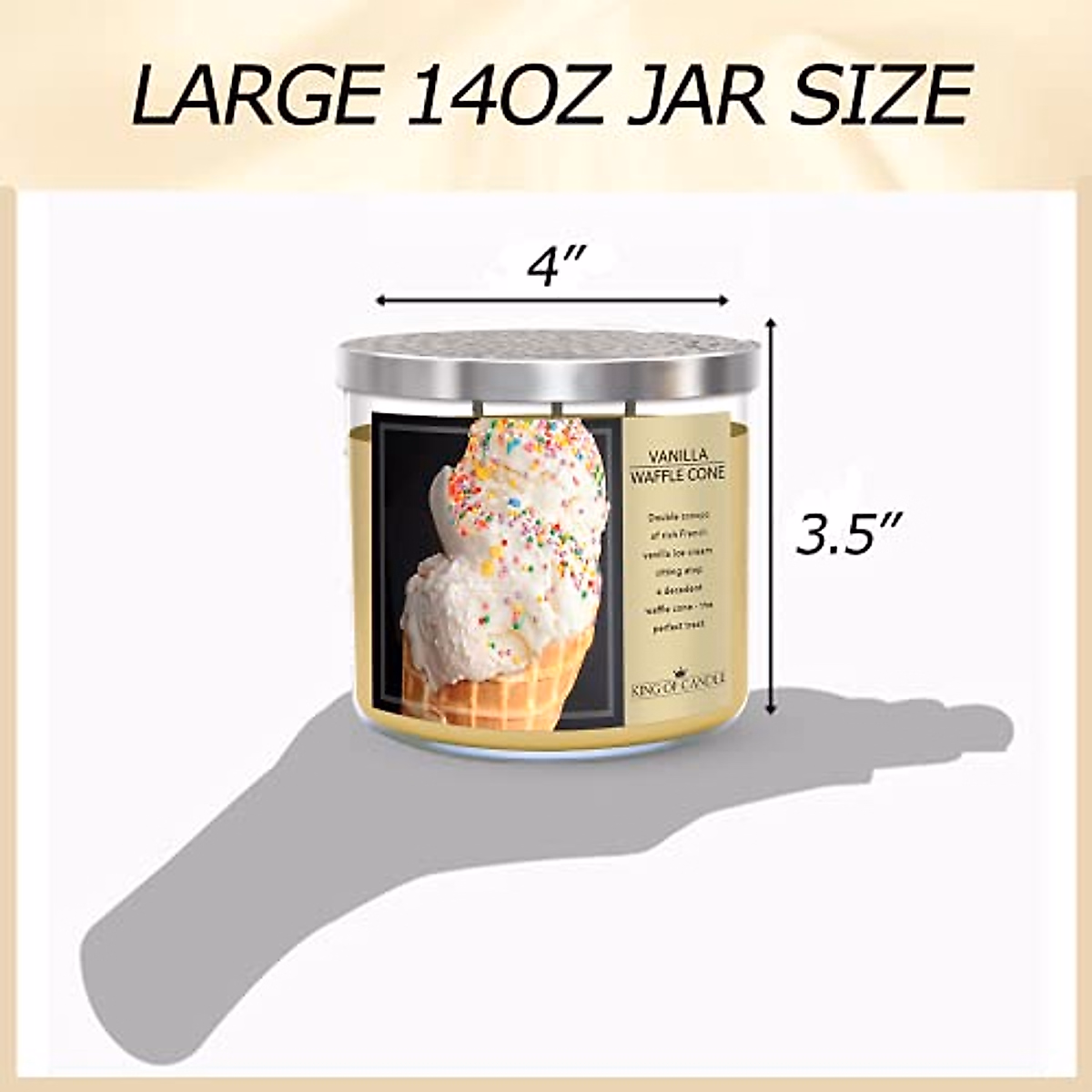 King of Candle - Vanilla Waffle Cone Candle | Large 3 Wick Highly Scented Soy Wax/Long Lasting/Vanilla Bean Ice Cream Scented Candle | 14 oz + Decorative Lid
