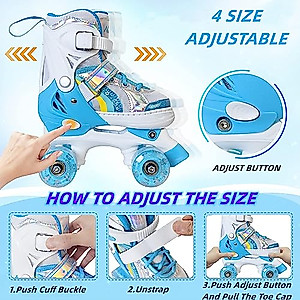 Nattork Girls Roller Skates for Kids Toddler, 4 Size Adjustable Rainbow Quad Skates with Light up 8 Wheels,Gift for Boys Kids Beginners Indoor Outdoor Blue S