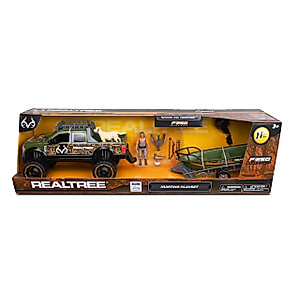 NKOK Realtree Camo 1/18 Scale Free-Wheel Playset 11-PC, Ford F-250 Super Duty w/Fishing Boat & Trailer & Accessories: Roof Rack, Light Bar, Working Doors & Tailgate, Hunter, Dog, 2 Ducks, Bow&Arrows