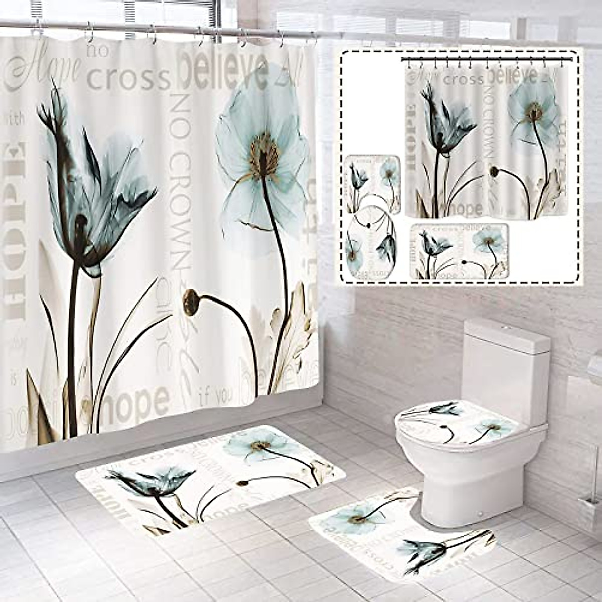 Annkoifu Shower Curtain Set, Sunflower Bathroom Accessories, 4 Piece Bathroom Decor Sets with Rugs and Waterproof Shower Curtains, 12 Hooks, Abstract