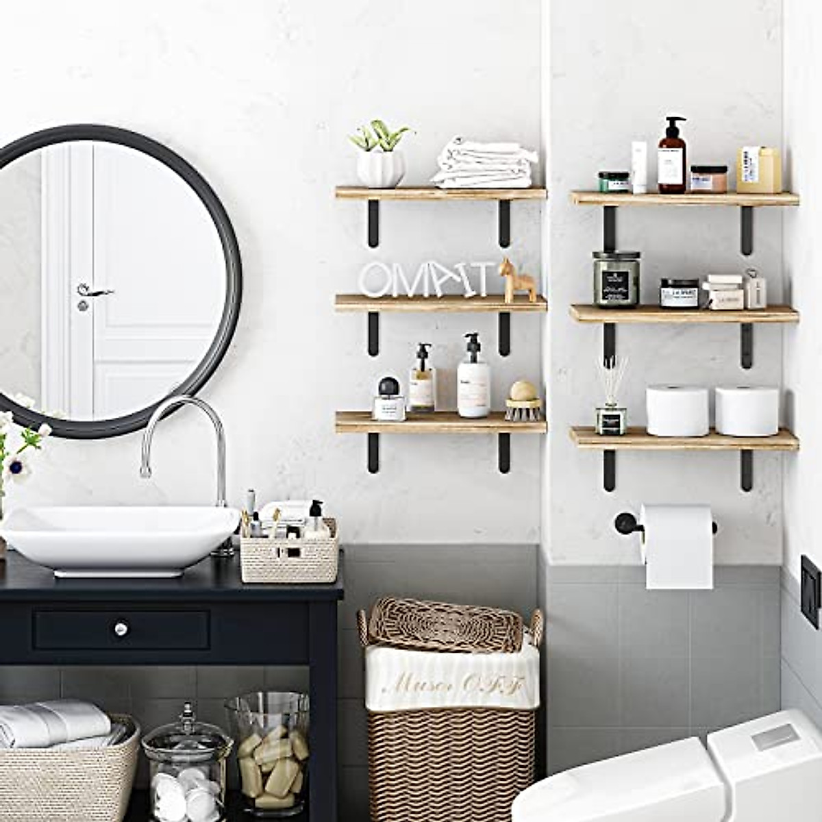 Fixwal Floating Shelves, Rustic Wood Wall Shelves Set of 6, Shelves for Wall Decor, Farmhouse Style for Bedroom, Living Room, Kitchen, Bathroom, Office and Plants (Carbonized Black)