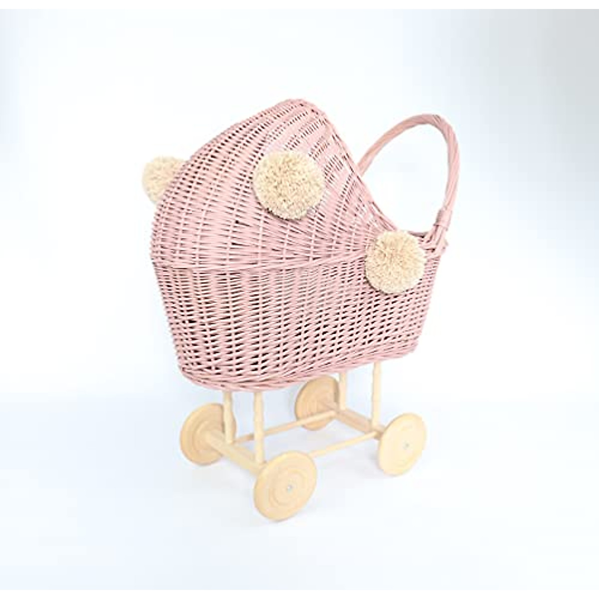 CACKOO Handmade Wicker Pram For Dolls With Cotton Bedding Sheets And Handmade Pom-Poms Ideal As Birthday Gift Natural Pink