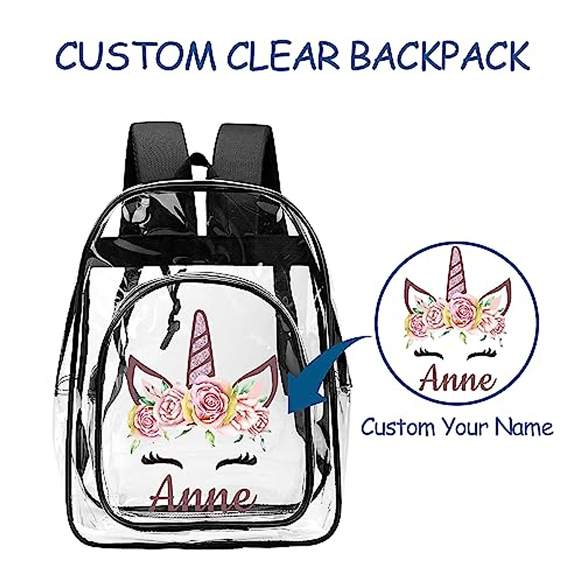 Personalized Unicorn Clear Backpack for Girls With Name, Transparent Heavy Duty Backpack With Reinforcing Straps For School Sports Workplace, Custom Waterproof Clear Book Bag, Back to School Gift