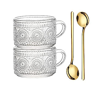 LUECMO Vintage Coffee Tea Cups [2 Pack], 14 oz Glass Tea Coffee Mugs, Clear Embossed Glass Cups for Cappuccino, Latte,Cereal, Yogurt, Beverage (Transparent)