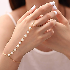 Chicque Boho Hand Chain Gold Pearl Finger Ring Bracelet Beads Hand Jewelry Wedding Finger Bracelet for Women and Girls
