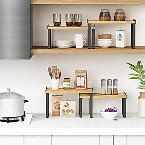 Goozii Kitchen Cabinet Organizer Shelves Set of 4, Expandable Counter Shelf Rack for Plate Dish Cup Mug Spice, Stackable Shelf Riser for Pantry Cupboard Desk Top Corner Storage (Bamboo, Black)