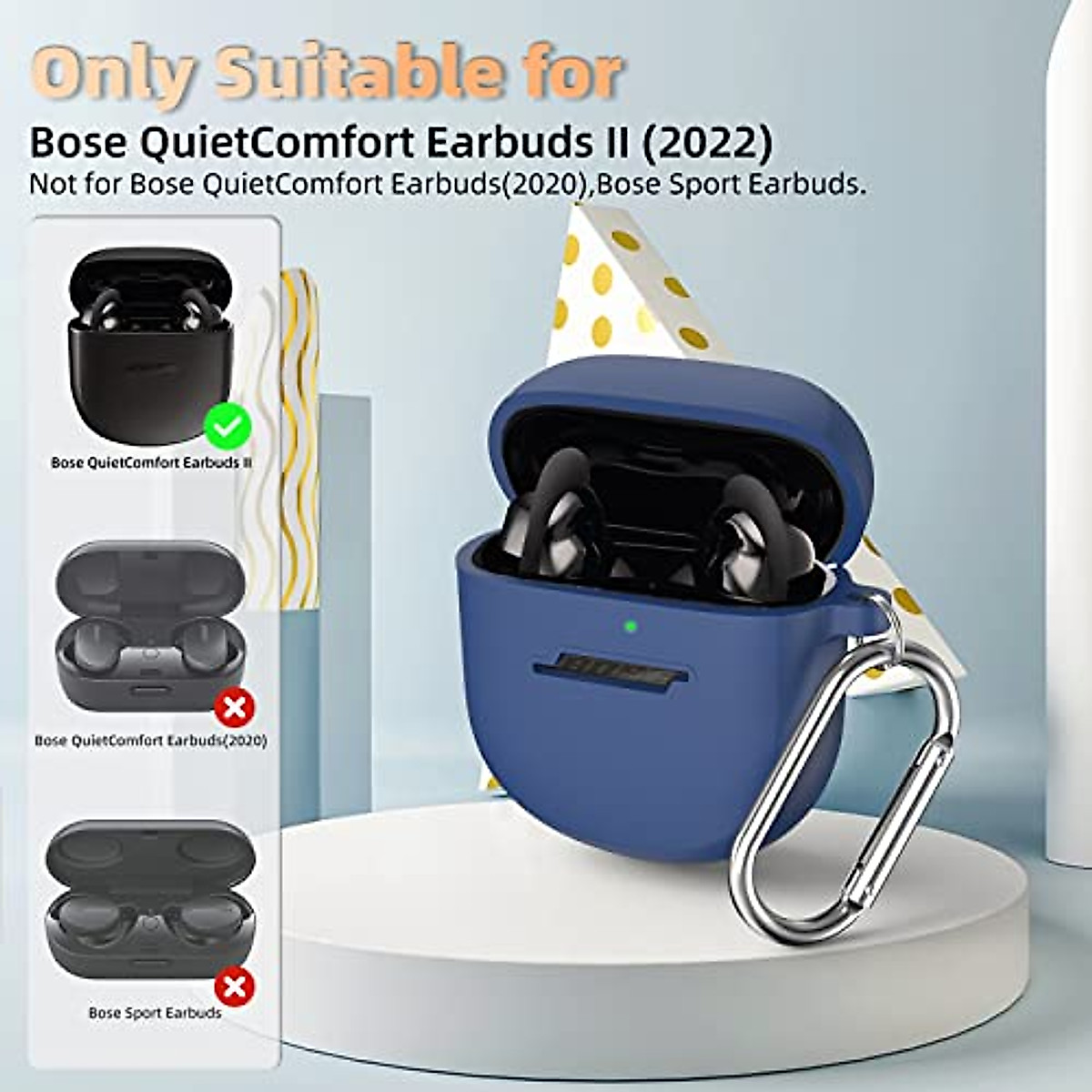 Bose QuietComfort Earbuds II Case(2022), WOFRO Silicone Protective Skin Cover for New Bose QuietComfort Earbuds 2 Accessories with Carabiner (Blue)