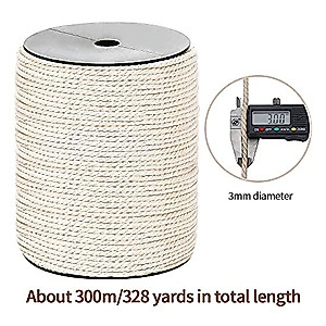 Macrame Cord 3mm x 328Yards(984Feet), Natural Cotton Macrame Rope - 3 Strands Twisted Macrame Cotton Cord for Wall Hanging, Plant Hangers, Crafts, Gift Wrapping and Wedding Decorations