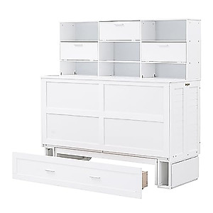 YSWH Queen Murphy Bed Chest, Wood Murphy Bed Frame with Bookcase, Bedside Shelves and Drawer, Versatile Chest Bed Folding Bed for Bedroom Furniture, Foldable Platform Bed Folded into Cabinet