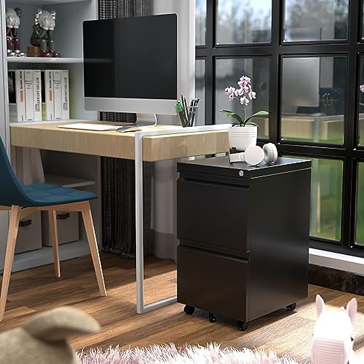 Aobabo Metal 2 Drawer Mobile File Cabinet with Lock, Under Desk Office Steel Filing Cabinet, 25.6''H Legal/Letter Size Files Storage Cabinet,Black,Fully Assembled