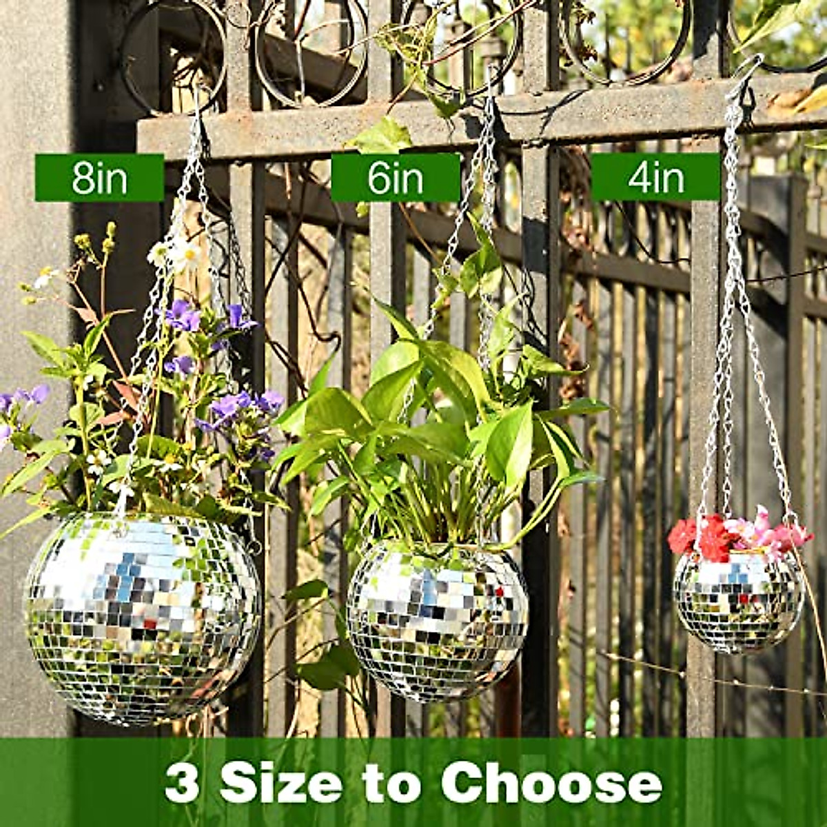 RUBY.Q Disco Ball Planter, 4"/6"/8" Silver/Rose Gold Disco Planter, Disco Ball Plant Hanger with Rope Chain Circle (8", Silver)