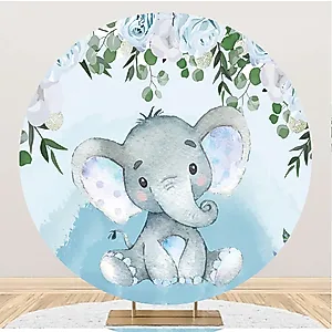 Yeele 7x7ft Calf Elephant Round Backdrop It's A Boy Watercolor Elephant Blue Flowers Plants Background Party Banner Supplies Polyester Baby Shower Photography Backdrop Theme Party Decoration Photo