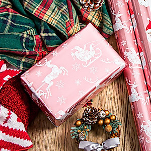 Homeral Pink Christmas Wrapping Paper Roll-46.8 sq.ft. (17in x 33ft) Pink Santa, Sleigh, Reindeer, Snowflake with Metallic Shine for Christmas, New Year Celebration, Party