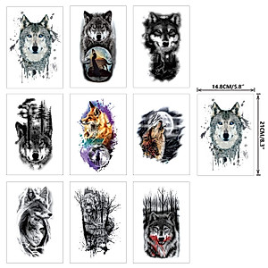 Wolf Temporary Fake Tattoo Stickers For Man Half Arm Size L8.3"xW5.8"