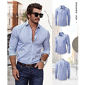 Renaowin Mens Dress Shirt with Front Pocket Regular Fit Pinpoint Stripe Button Down Long Sleeve Shirts US 40(M) Sky Blue