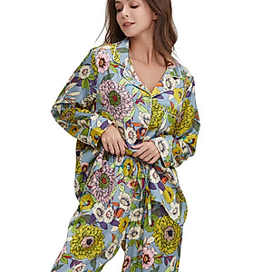 YiNi LuLu Womens Silk Satin Pajamas Set Button Down 2 Piece Pjs Set For Women Long Sleeve Oversized Sleepwear with Pockets