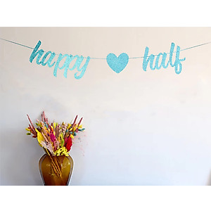 Happy Half Banner, Baby Boys/Girls' 6 Months/Half Year Birthday, Baby Shower Party Blue Gliter Paper Sign