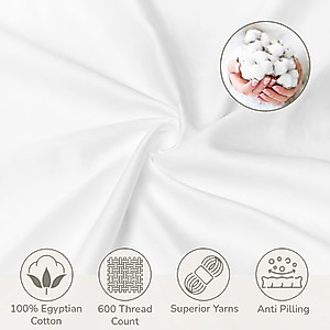 Decfair 100% Egyptian Cotton Duvet Cover Set King Size 600 Thread Count Soft and Smooth Sateen Weave All Seasons Bedding 7 Corner Ties and Zipper - 1 White King Duvet Cover and 2 Pillow Shams