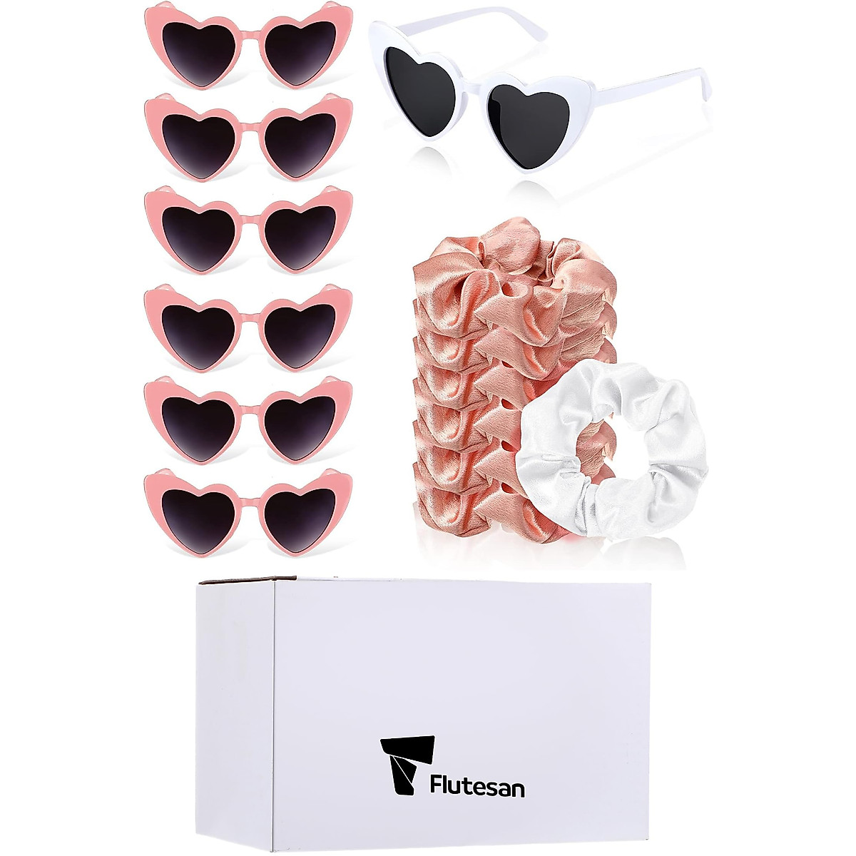 Flutesan 7 Bachelorette Sunglasses Heart Shaped 7 Satin Bridesmaid Scrunchies Party Favors Hair Ties for Women Wedding Bridal Shower Gifts Proposal (Rose Gold)