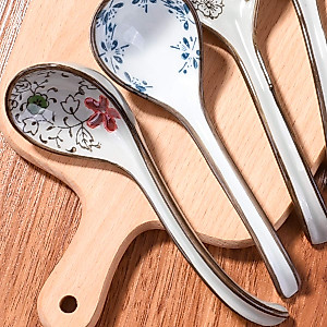 Japanese and Korean Ceramic Soup Spoons set of 5, Hand-Painted, Curved Spoons, Long Handle Rice Spoons