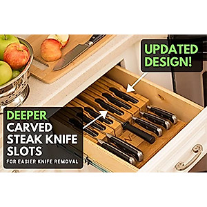 In-Drawer Bamboo Knife Block Holds 12 Knives (Not Included) Without Pointing Up PLUS a Slot for your Knife Sharpener! Noble home & chef Knife Organizer Made from Quality Moso Bamboo