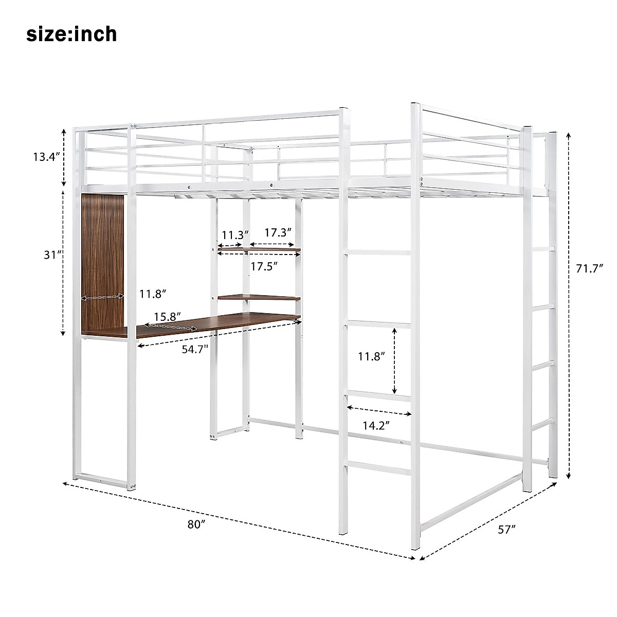 Full Size Metal Loft Bed with Shelves and one Desk, Multifunctional Loft Bed Frame for Teens/Adults (White, Full)