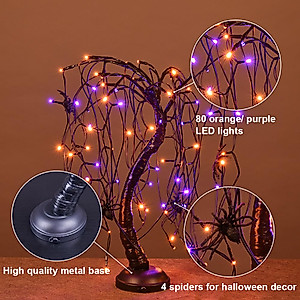 24Inch Halloween Lighted Willow Tree Bonsai Light 80 Orange and Purple LED Lights Table Top Lamp Artificial Tree Desk Decor with 4 Spiders Adapter Plug in/Battery Powered for Christmas Decoration