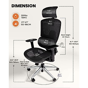 Dripex Ergonomic Office Chair - High Back Desk Chair with 3D Armrest/Lumbar Support/Headrest/Wheels, Full Mesh Seat Bottom Tilting Computer Chair for Tall People Home Rolling Swivel Chair, Black