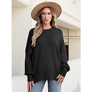 ANRABESS Women Crewneck Batwing Long Sleeve 2024 Fall Oversized Side Slit Ribbed Knit Pullover Sweaters Top Cozy Outfits Black Large