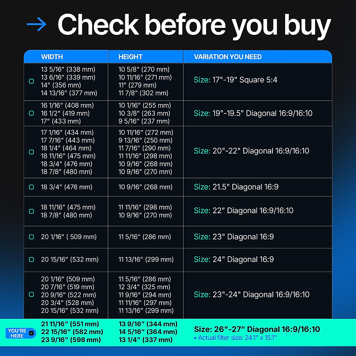 VINTEZ Universal Acrylic 26, 27 Inch Computer Privacy Screen Filter for Widescreen Computer Monitors - 24.1" x 15.1" (612 x 384 mm) - Monitor Frame Hanging Type