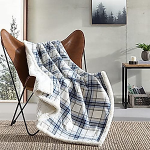 Eddie Bauer - Throw Blanket, Cotton Flannel Home Decor, All Season Reversible Sherpa Bedding (Edgewood Plaid Blue, Throw)