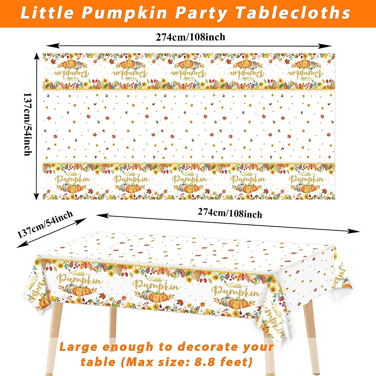 3 Pack Little Pumpkin Tablecloths Fall Theme Baby Shower Party Decorations for Boy Girl Gender Reveal Party Supplies Autumn Table Covers Thanksgiving Pumpkin Party Favors Table Decor 54 x 108 Inch