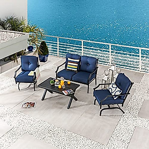 LOKATSE HOME 4 Pieces Outdoor Conversation Furniture Bistro Metal Seating Patio Armchairs Loveseat Set with Cushion & Coffee Table, 4 pcs Chair, Blue