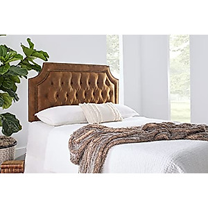 Design 59 D59 Distressed Vegan Leather Upholstered Tufted Button Queen Headboard with Brass Nailheads Queen/Full Size Headboard – Adjustable Height (Chestnut Vegan Leather)