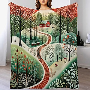 Winter Bird and Trees Blanket Happy New Year Bed Throw Blanket 40"x50" Flannel Blanket Warm Plush for Couch Sofa Bed for Adults Kids Boys Teens Gift for Kids and Adults Warm Soft Autumn and Winter