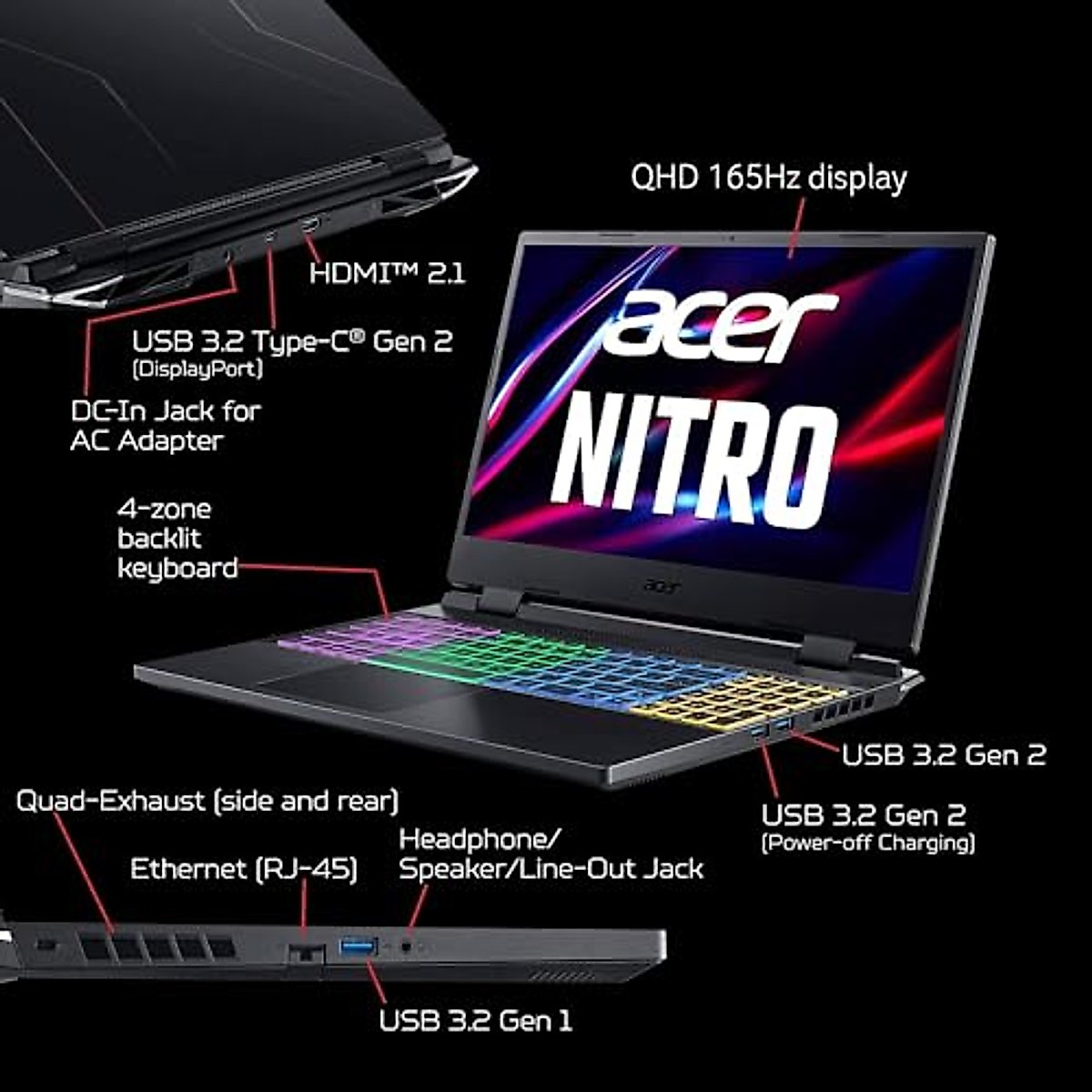 acer Nitro 5 Gaming Laptop -15.6" QHD IPS 165Hz Display, AMD Ryzen 7 6800H Processor, NVIDIA GeForce RTX 3070 Ti, 64GB DDR5 RAM, 2TB SSD, Wi-Fi 6E, Backlit Keyboard, Windows 11 Home
