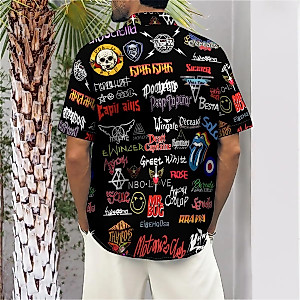 Bhlounplo Button Down Shirt Men Rock and Roll Punk Print Pocket Lapel Hawaiian Casual Loose Short Sleeve Shirt-Black-2-XXXL