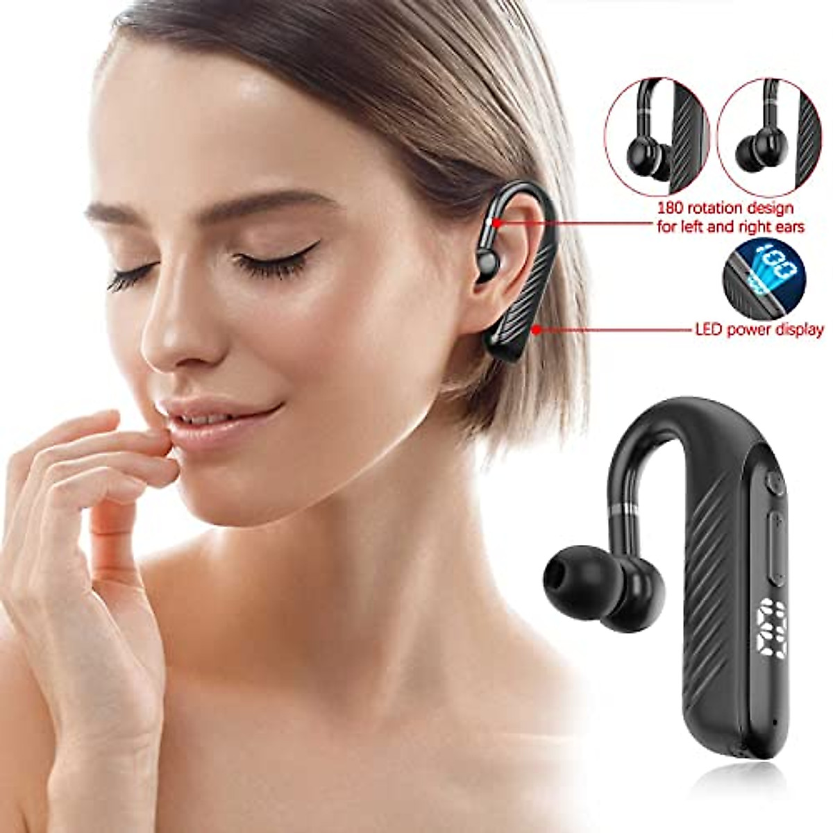 Bluetooth Headset Wireless Bluetooth 5.2 Business Ear Hanging Headphone with Mic, 250mAh LED Digital Display Screen Noise Reduction Sweatproof Earphones for Cell Phone, Car, Office, Sports
