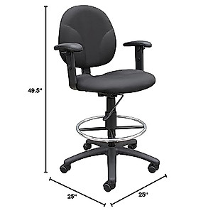 Boss Office Products B1691-BK Stand Up Fabric Drafting Stool with Adjustable Arms in Black